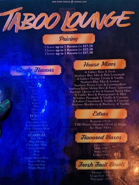 Online Menu Of Taboo Lounge And Hookah Bar Restaurant Charlotte North