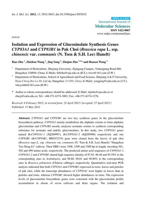 Pdf Isolation And Expression Of Glucosinolate Synthesis Genes Cyp83a1 And Cyp83b1 In Pak Choi