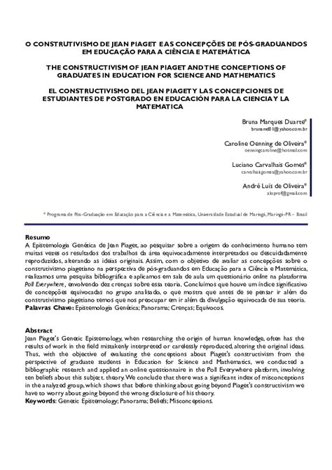 Pdf O Construtivismo De Jean Piaget E As Concepções De Pós Graduandos