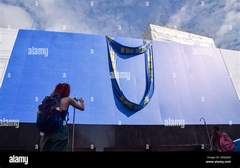 A Giant Ikea Blue Shopping Bag Covers The Construction Site Of The New
