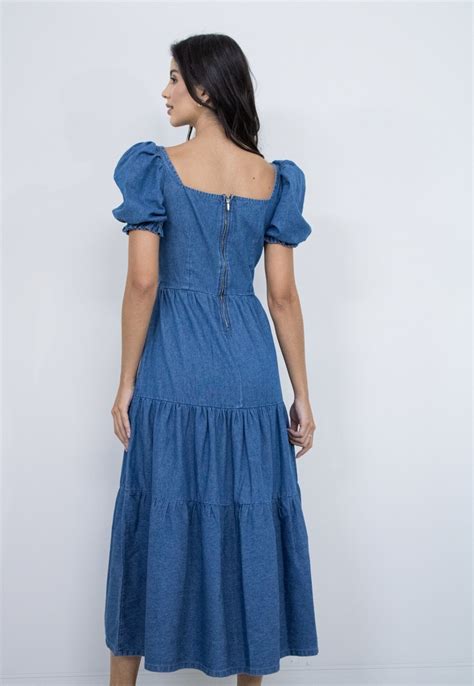 Vestido Midi Sisal Jeans Manga Bufante Azul Compre Agora Dafiti Brasil