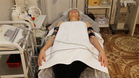 Woman With Electro Stimulator Electrodes On Her Body Stock Video Video Of Hand Person 96714461