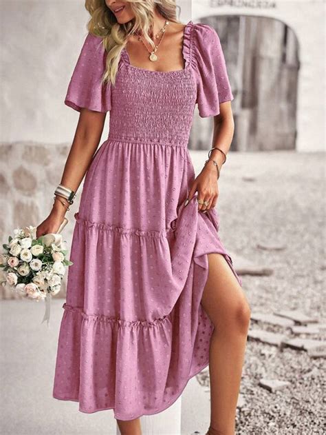 Shein Vcay Swiss Dot Square Neck Ruffle Hem Dress Shein