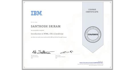 Completion Certificate For Introduction To Html Css And Javascript Santhosh Sriram