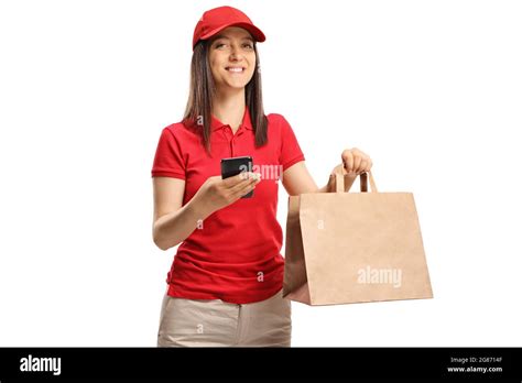 Fast Food Delivery Girl With A Paper Bag And A Mobile Phone Isolated On