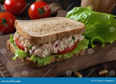 Tuna Salad Sandwich On Whole Grain Bread With Lettuce And Tomato Stock