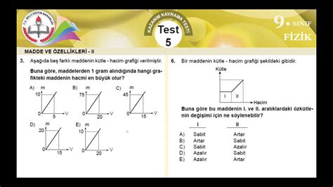MEB Okul Kursu 9 Sınıf FİZİK K K Testi 05 Madde ve Özellikleri 2