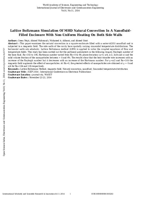 Pdf Lattice Boltzmann Simulation Of Mhd Natural Convection In A Nanofluid Filled Enclosure