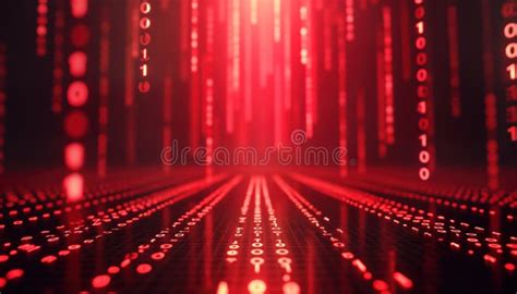 red glowing binary code streams down futuristic dark space digital