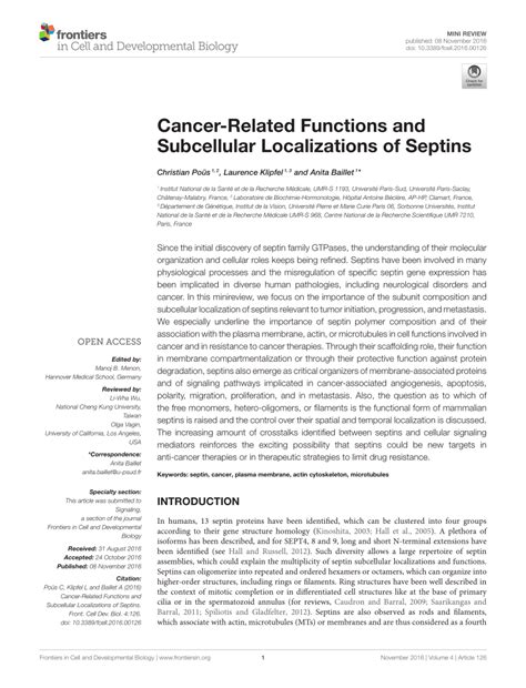 Pdf Cancer Related Functions And Subcellular Localizations Of Septins