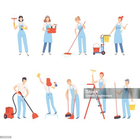 청소 장비와 전문 청소기 청소 회사 직원 문자 옷을 입고 유니폼 플랫 벡터 일러스트 관리인에 대한 스톡 벡터 아트 및 기타 이미지 관리인 독일 멜빵 바지 Istock