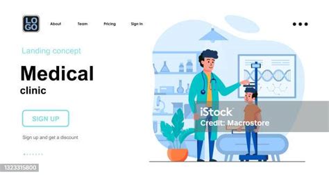 의료 클리닉 웹 개념 소아과 의사는 사무실에서 소년 높이를 측정합니다 어린이 환자가 의사를 방문합니다 사용자 장면의 템플릿입니다 웹 사이트에 대한 평면 디자인에서 캐릭터