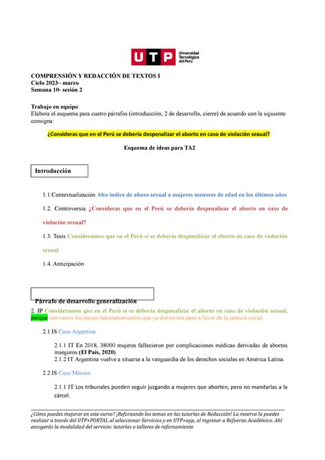 S10 s2 Esquema para TA2 Ejemplo COMPRENSIÓN Y REDACCIÓN DE TEXTOS I
