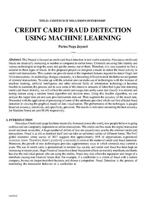 Credit Card Detection Using Machine Learning TITLE CODTECH IT SOLUTIONS INTERNSHIP CREDIT