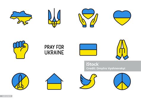 우크라이나 파란색과 노란색 윤곽 채워진 아이콘을 위해기도합니다 나는 우크라이나와 함께 서있다 우크라이나에 대한 평화 우크라이나에서 전쟁을 중지 검은색에 대한 스톡 벡터 아트