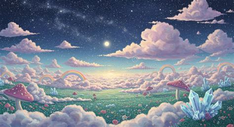 Fantasy Landscape Depicting A Dreamlike Meadow Beneath A Starry Night