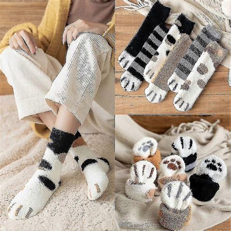 6 Pairs Cat Paw Fluffy Socks Women Cat Socks Fuzzy Cosy Warm Slipper