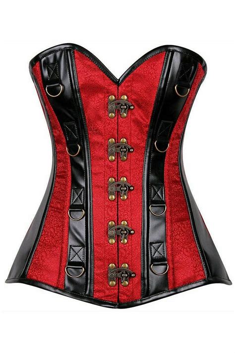 Top Drawer Wine Brocade And Faux Leather Steel Boned Corset Medium