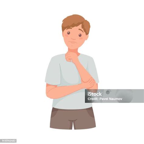 펜시브 맨 캐릭터 머리를 긁고 생각하고 벡터 일러스트 레이 션을 고려하는 감정에 대한 스톡 벡터 아트 및 기타 이미지 감정