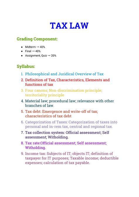Tax Law Lecture Notes All Lectures Tax Law Grading Component