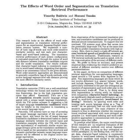 The Effects Of Word Order And Segmentation On Translation Retrieval Performance Acl Anthology