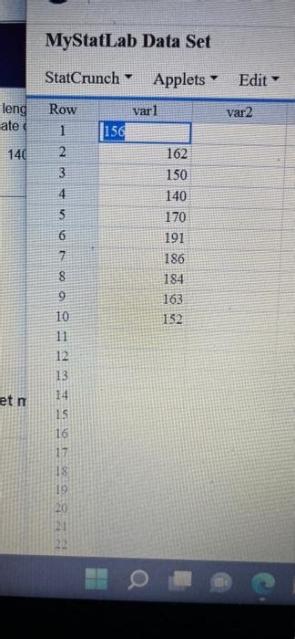 solved mystatlab data set statcrunch applets edit leng var2