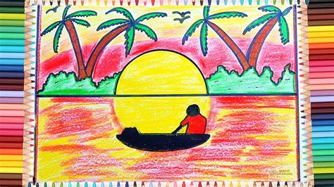 How To Draw Simple Scenery For Beginners Easy Sunset Scenery Drawing