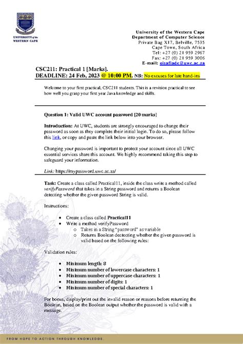 CSC Practical Practical Exercise University Of The Western Cape Department Of