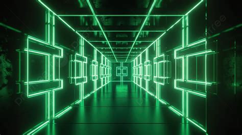 녹색 네온 불빛이 있는 미래 지향적인 복도 십자가 모양의 디자인과 녹색 벽에 반사되는 빛나는 네온 불빛이 있는 가상 복도 내부의 3d 그림 고화질 사진 사진 배경