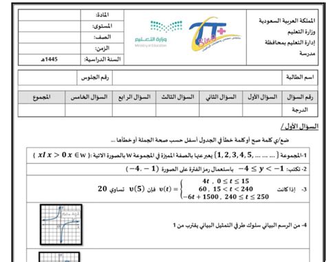 نماذج اختبارات متعددة رياضيات ثالث ثانوي الفصل الأول 1445 بداية