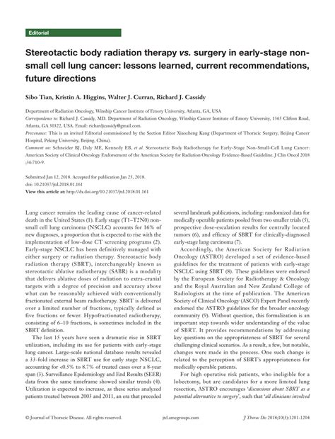 Pdf Stereotactic Body Radiation Therapy Vs Surgery In Early Stage