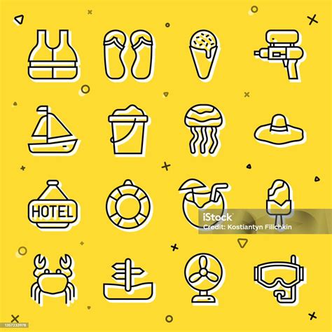 세트 라인 다이빙 마스크 아이스크림 우아한 여성 모자 와플 콘 모래 양동이 요트 요트 요트 구명 조끼 및 해파리 아이콘 벡터 0
