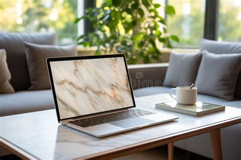 Sleek Workspace Modern Laptop On Polished White Desk With E Commerce Website Display Stock