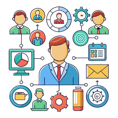 Businessman Surrounded By Various Business Icons Like Computer Calendar Email Gears Target Chart