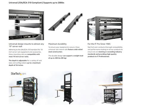 StarTech 1U 19in Server Rack Rails 24 36in Deep Universal 4 Post