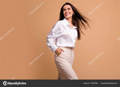 Photo Sweet Dreamy Lady Dressed White Shirt Air Blowing Looking — Stock