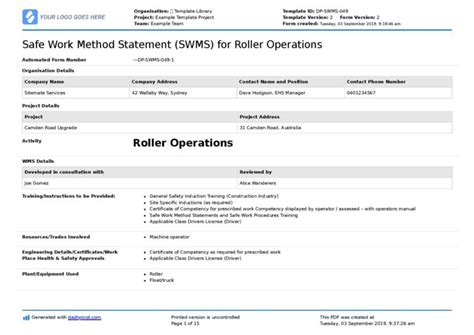 Roller Operations Safe Work Method Statement Swms