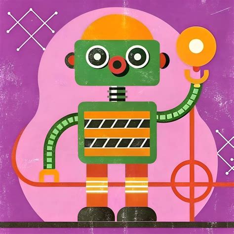 A Friendly Retro Style Robot With A Bright Green Body And Orange Stripes Holding A Circular