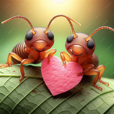 Two Really Cute Termites Holding Valentine Heart On A Leaf Premium Ai