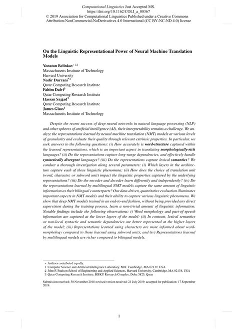 Pdf On The Linguistic Representational Power Of Neural Machine Translation Models