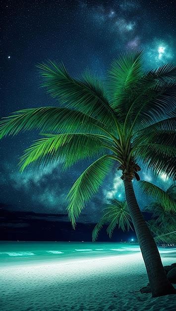 Premium Ai Image Night Sea Side Coconut Tree Green Lawnbeach Star Galaxy