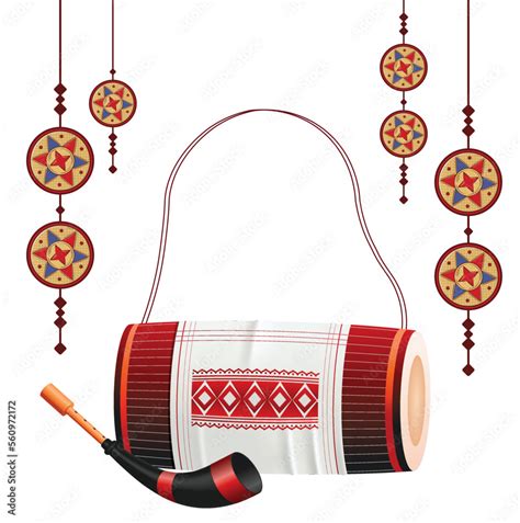 Greeting Background With Drum Dhol Onoinya Decorated With Gamosa