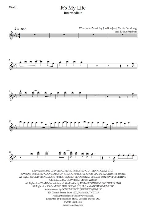 It S My Life Intermediate Level Bon Jovi Violin Sheet Music
