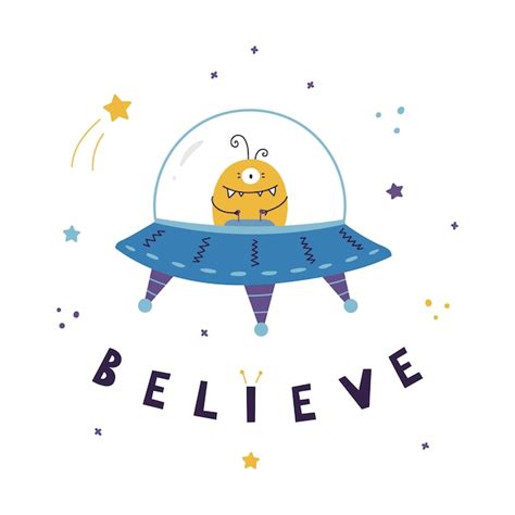 비행선과 외계인이 있는 귀여운 어린이 Ufo 우주 인쇄 프리미엄 벡터