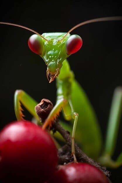 Premium Ai Image Macrophotography Lime Green Preying Mantis Holding A