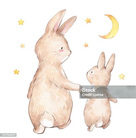 아빠와 아기 토끼가 함께 걷는 수채화 그림 만화 토끼 베이지색 토끼 가족의 뒷모습 해피 어머니의 날 카드 배경에 별과 달 수채화