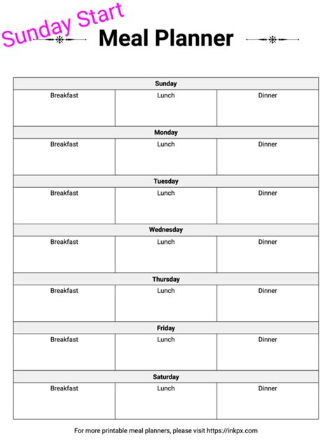 Free Printable Minimalism Style Weekly Meal Planner Sunday Start