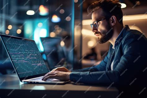 Premium Ai Image Programmer Working On Laptop In Office Coding And