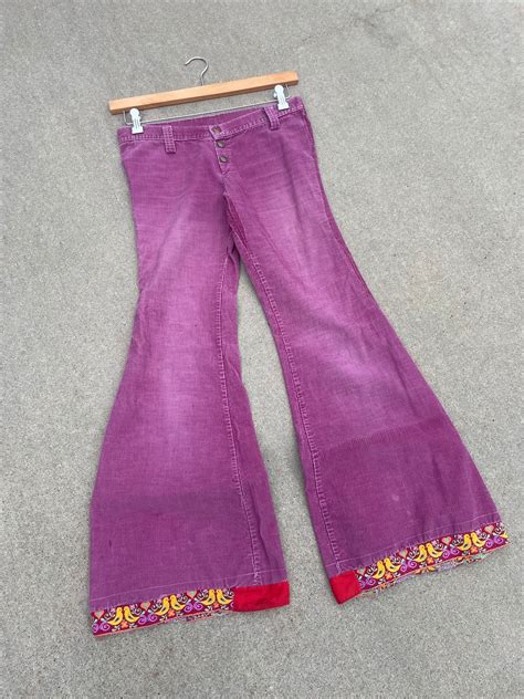 Vintage 1970s Hip Huggers Corduroy Bell Bottoms W Floral Detailing Etsy