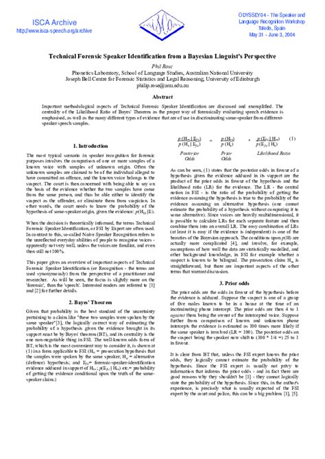 Pdf Technical Forensic Speaker Identification From A Bayesian